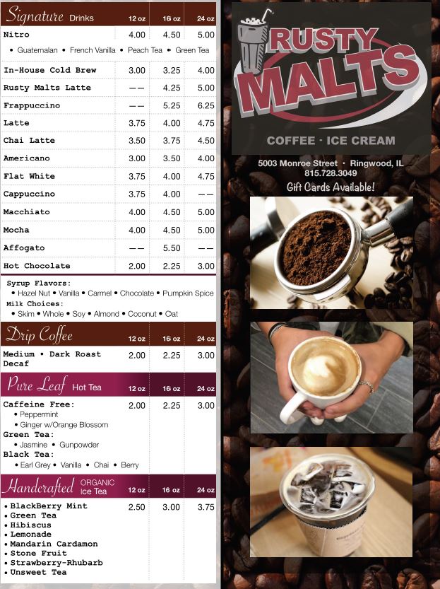 Rusty Malts Coffee & Ice Cream | Coffee & Ice Cream Menu | Nitro Tea ...